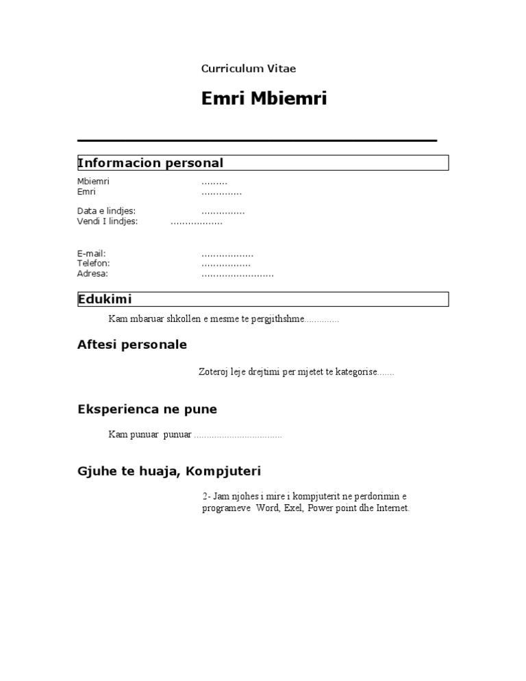 Resume Format Modele Cv Shqip