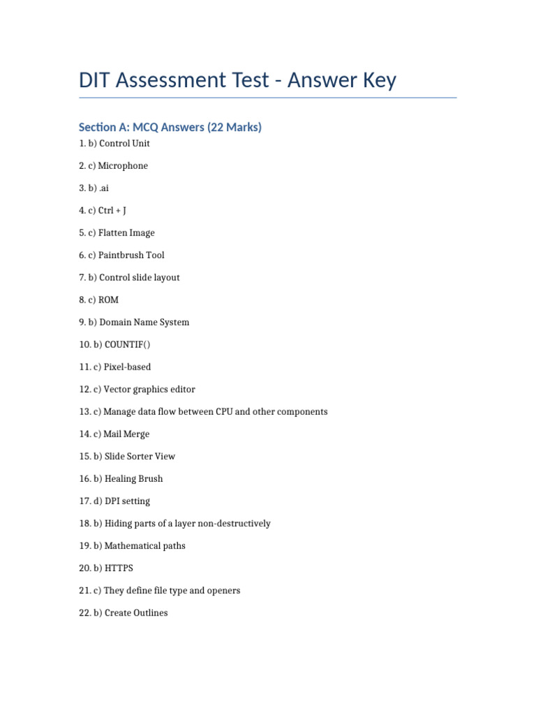 DIT Assessment Answer Key | PDF