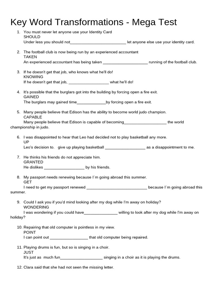 Key Word Transformations Mega Test | PDF