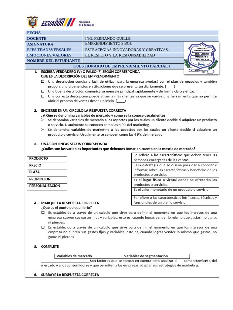 Cuestionario Emprendimiento I Parcial 3bgu 2025 | PDF | Marketing | Mercado (economía)