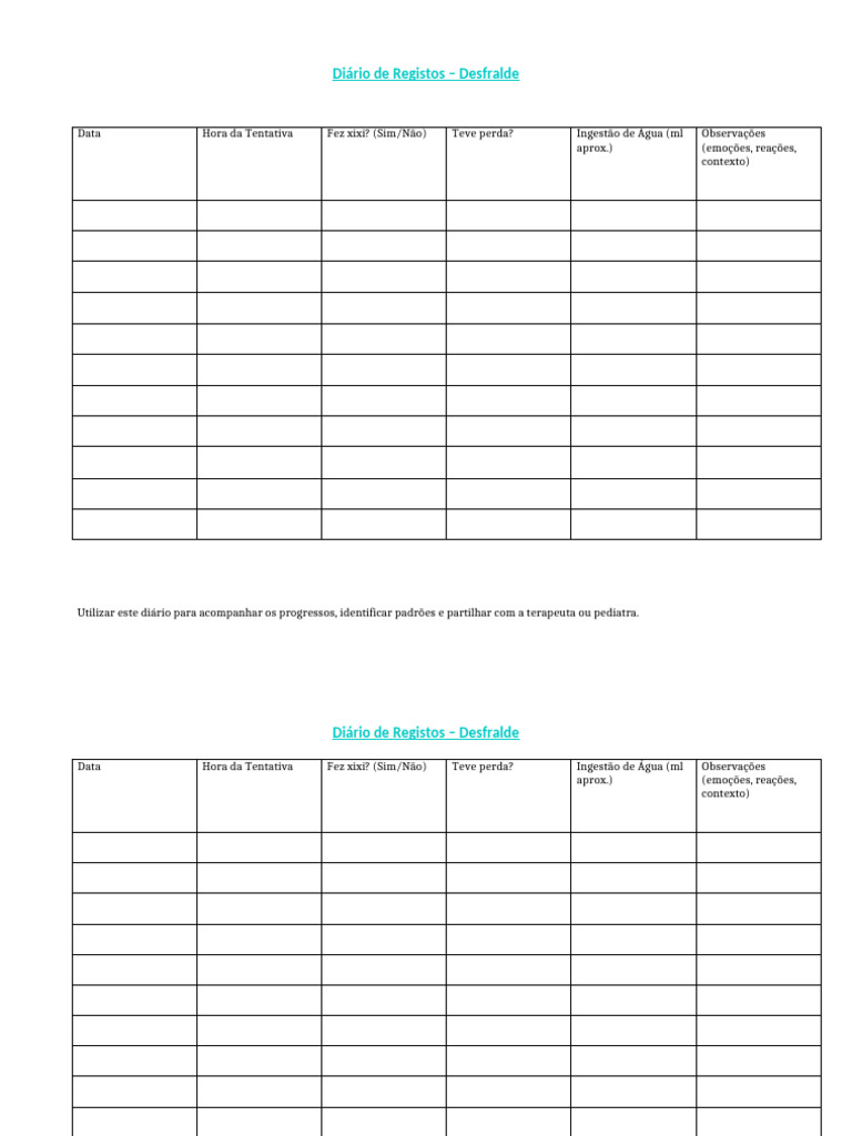 Quadro Rotina e Diario Desfralde PT | PDF