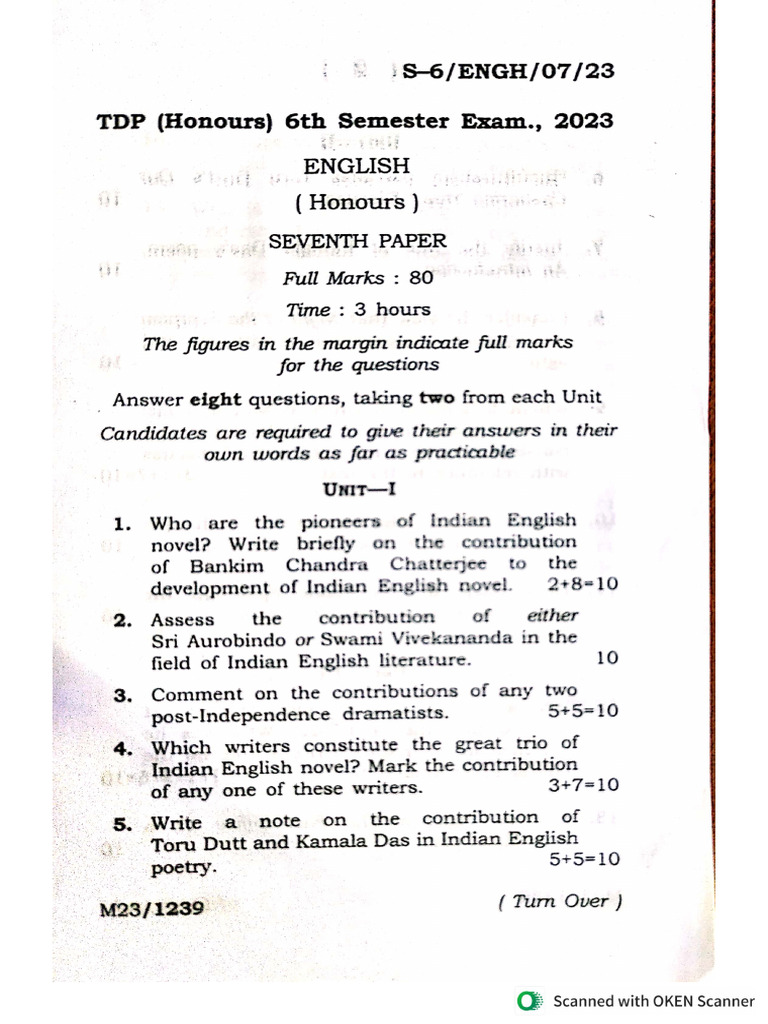 English 6th Sem (7th Paper) Honours 2023 | PDF