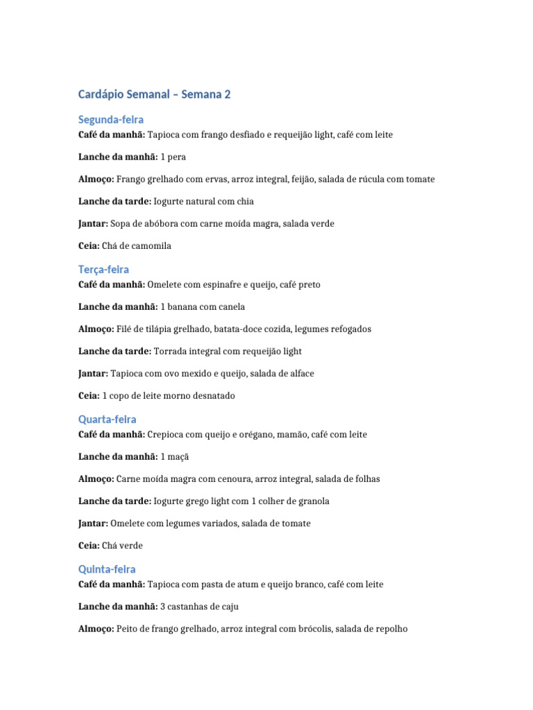 Cardapio Semanal Semana2 Luanna | PDF