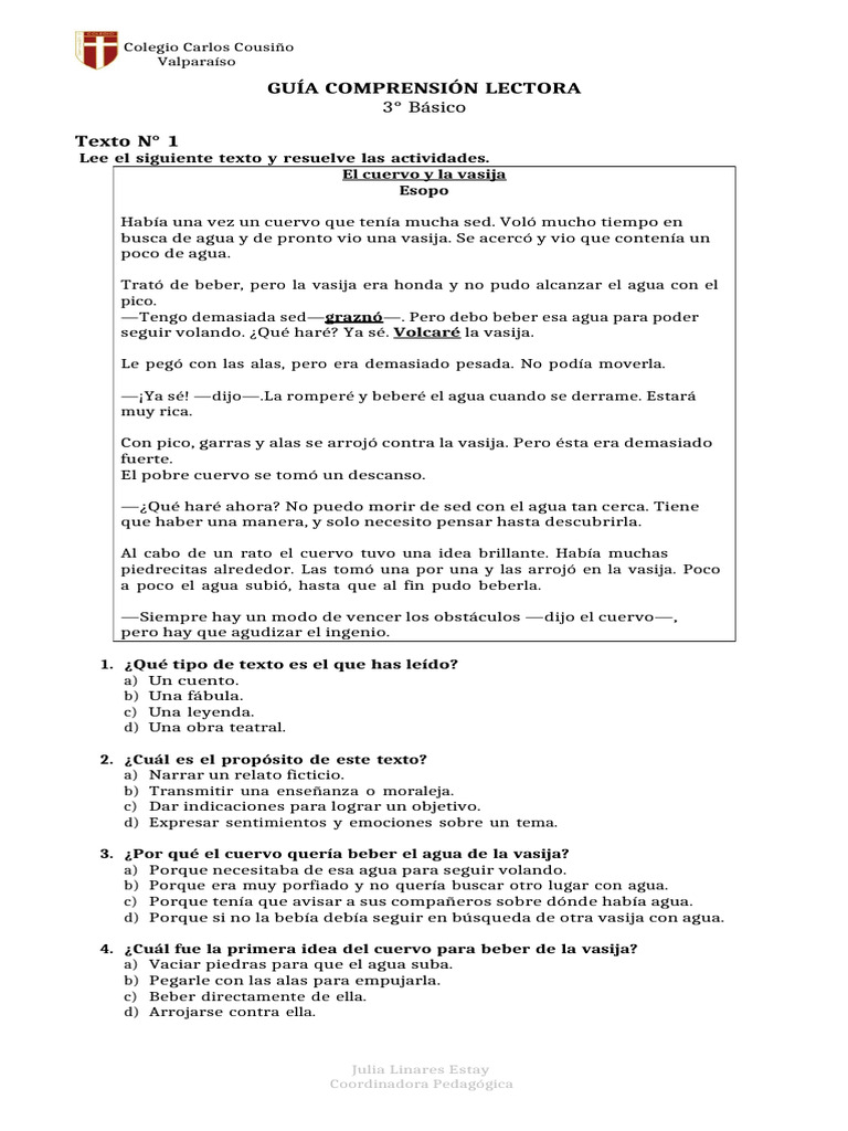 Guía Comprensión Lectora 3° Básico | PDF