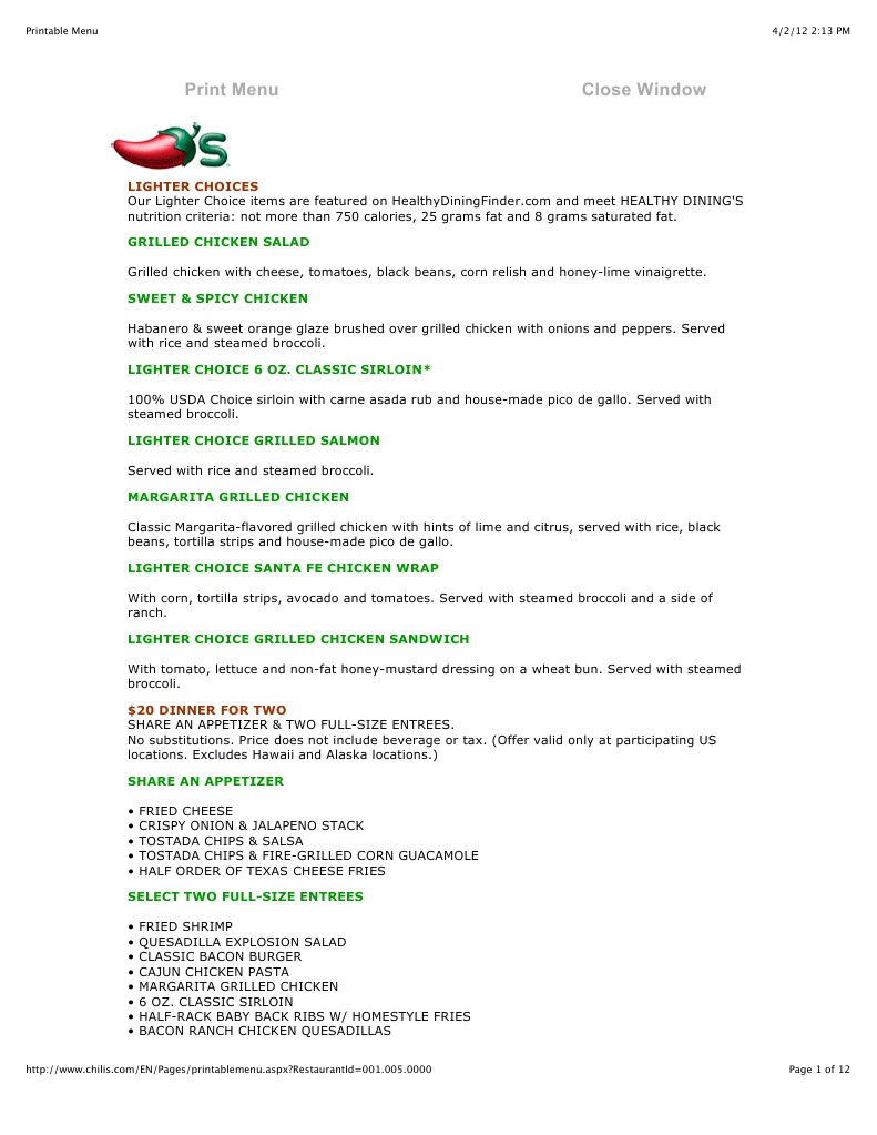 Printable Menu Chilis | PDF | Salad | Hamburgers