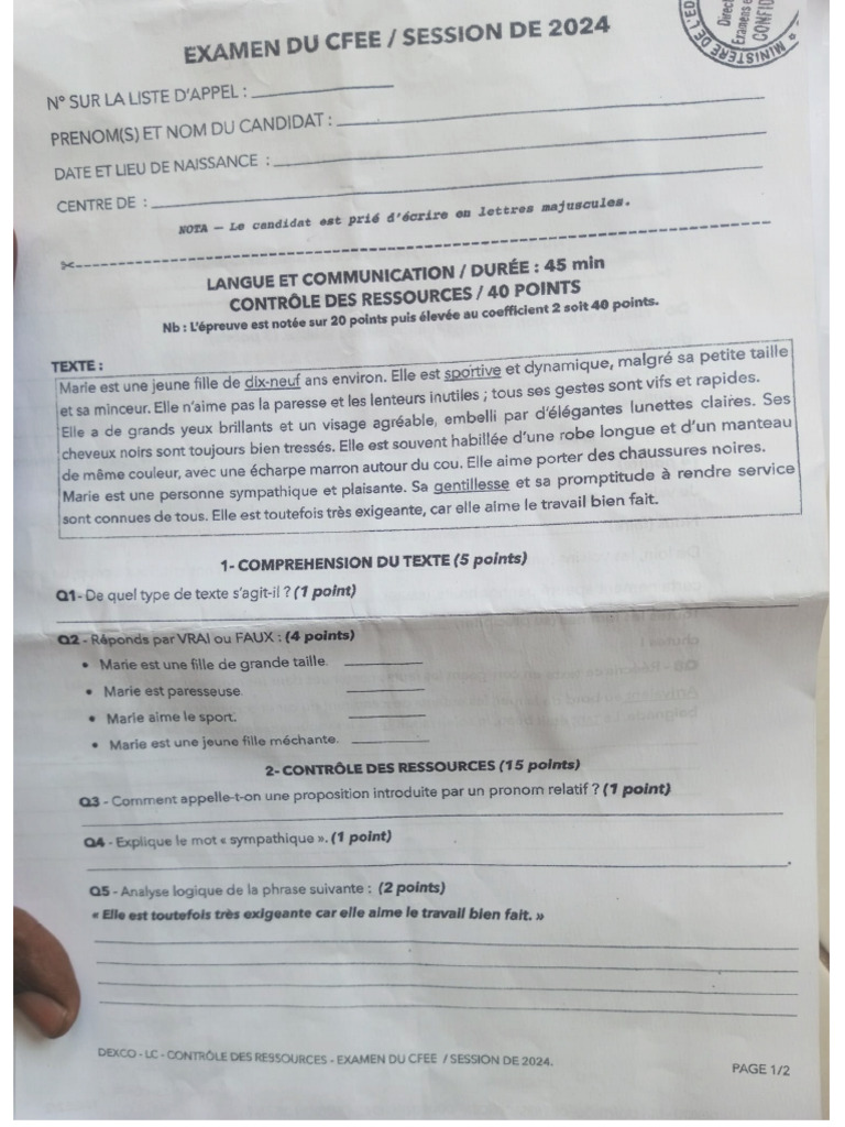 Epreuve CFEE | PDF