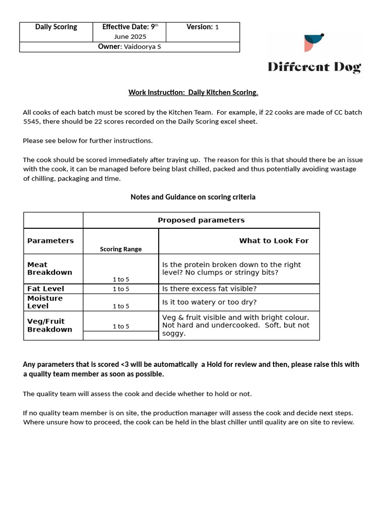 Daily Kitchen Scoring Instructions | PDF