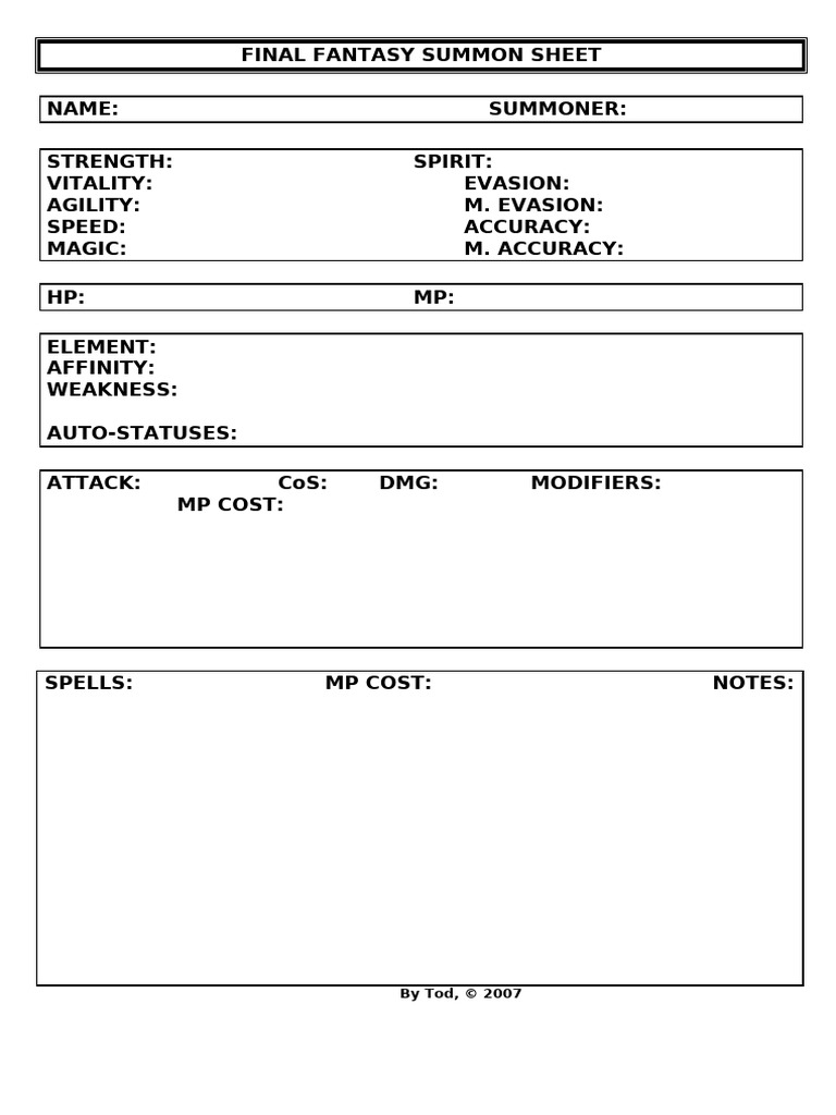 Final Fantasy Summon Sheet | PDF