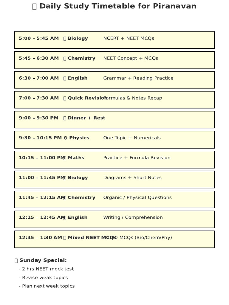 Piranavan Study Timetable Calendar | PDF