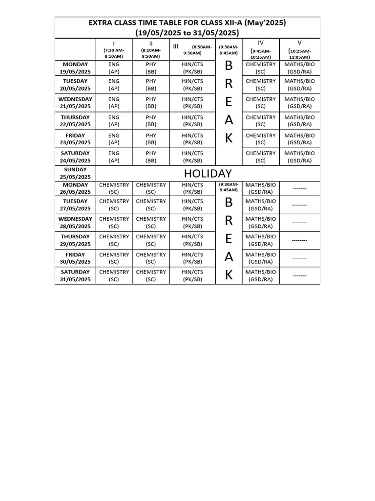 Extra Class Time Table (Xii-A) May'2025 | PDF