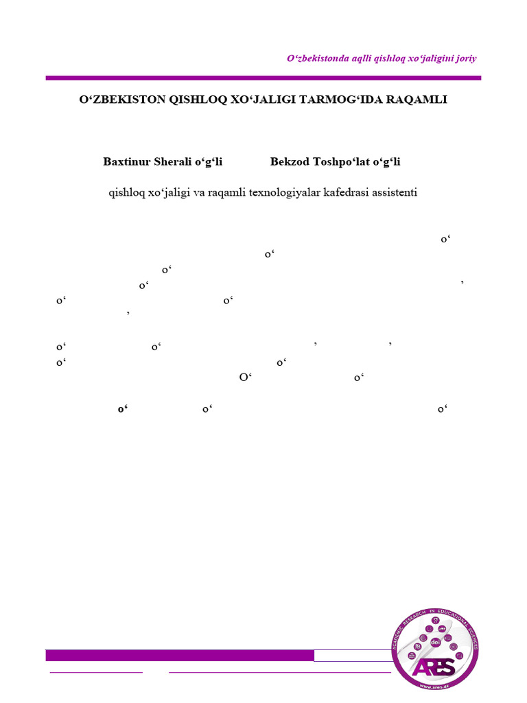 O Zbekiston Qishloq Xo Jaligi Tarmog Ida Raqamli Texnologiyalardan ...
