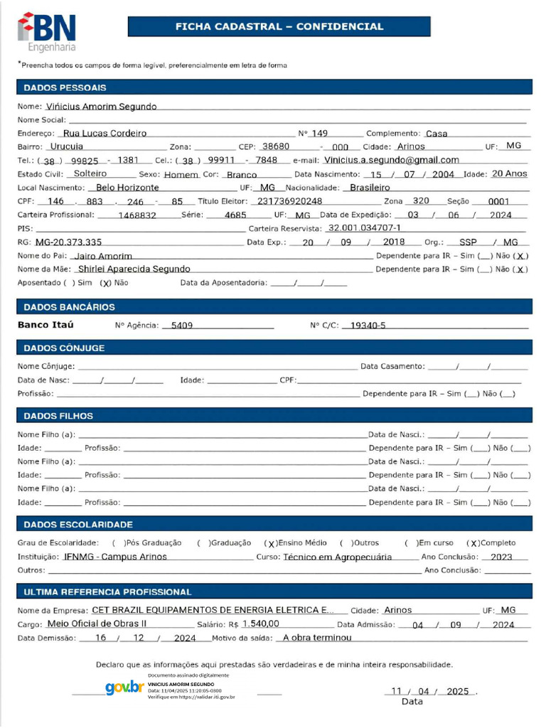 Ficha Cadastral Vinícius | PDF