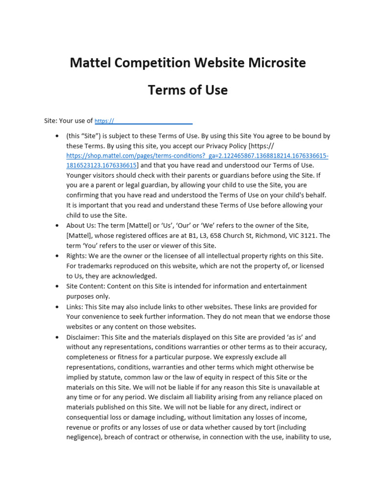 Mattel - Monster High - Microsite Terms of Use | PDF | Legal Liability ...
