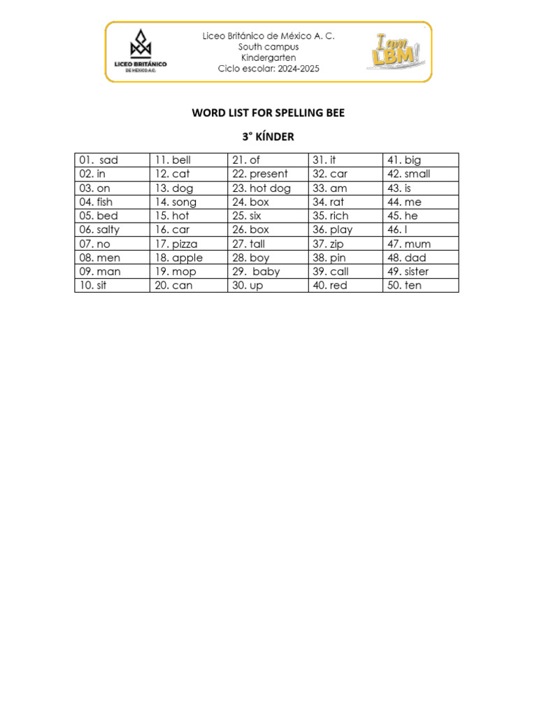 Spelling Bee Kinder | PDF