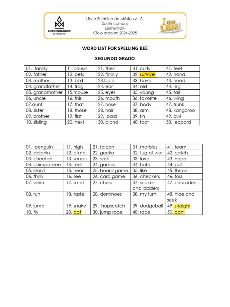 Grade 2 Spelling Bee Word List | PDF