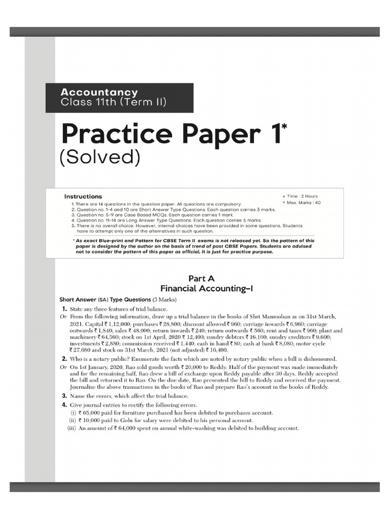 Accounts Practice Paper 1 - Term 2 - 2021-22 | PDF