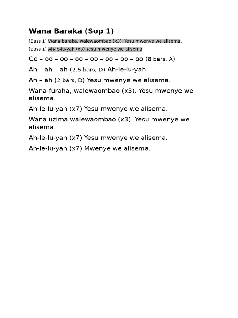 Wana Baraka WORDS For 1st Soprano 6 | PDF