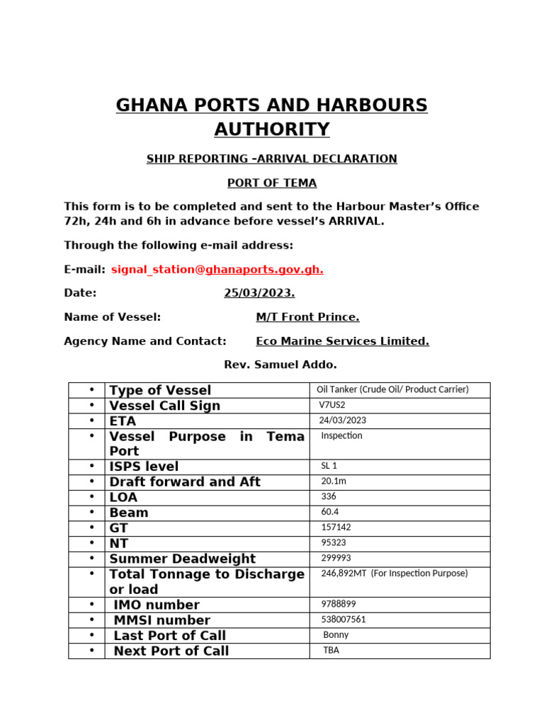 Ship Arrival Declaration Form | PDF