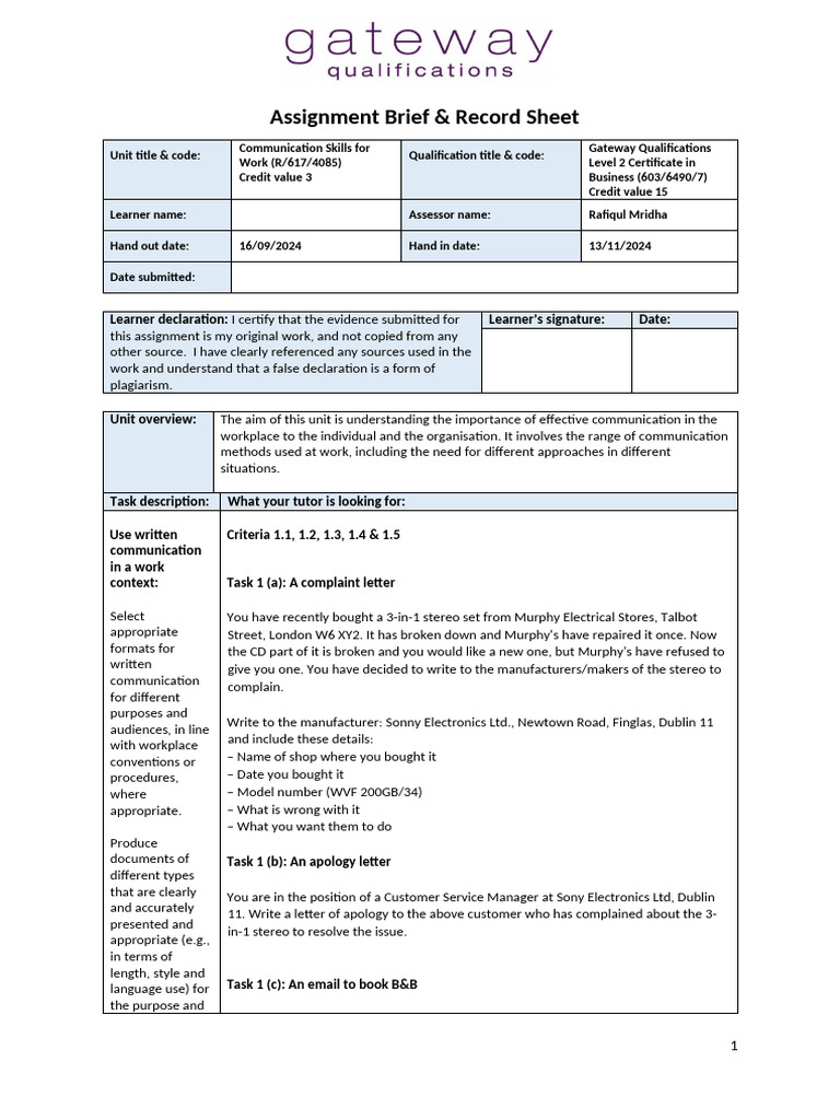 Communication Skills Assignment Guide | PDF | Communication | Learning