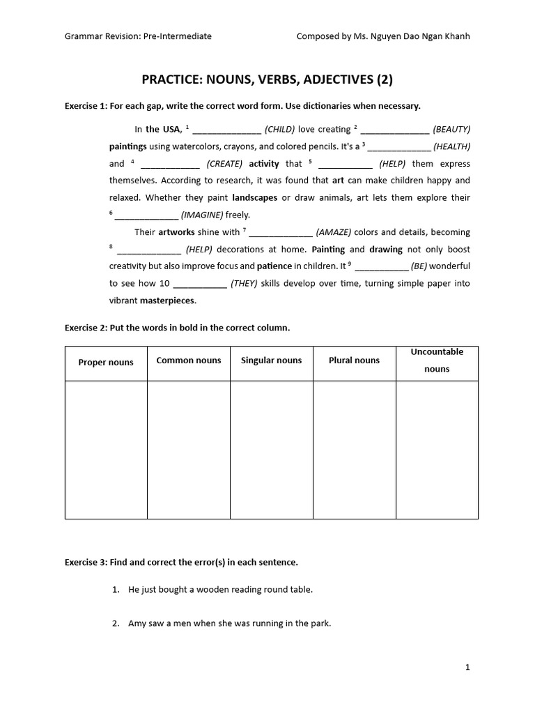 PRACTICE - NVA (2) Pre-Intermediate | PDF | Noun | Language Mechanics