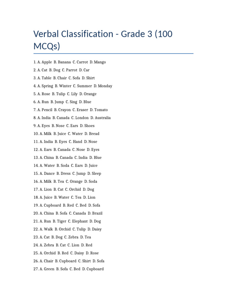 Verbal Classification Grade3 100 MCQs SingleLine | PDF