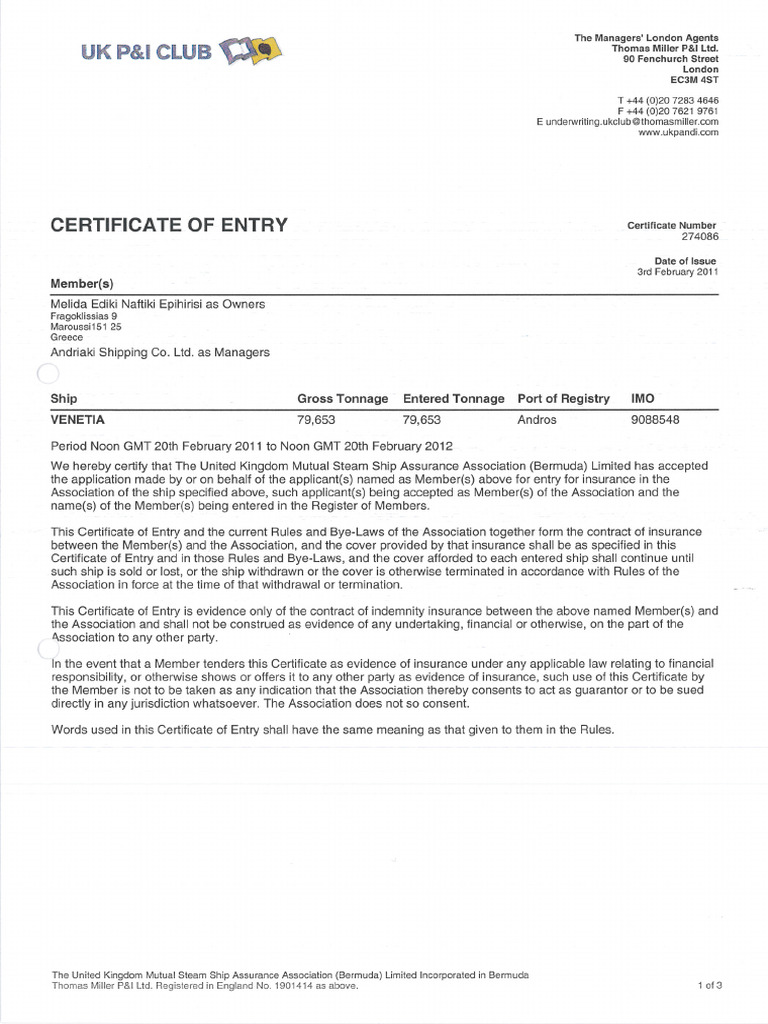 VENETIA Certificate of Entry For - 2011-2012 | PDF