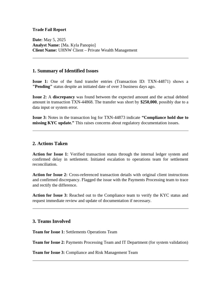 Trade Fail Report Template | PDF | Risk | Business