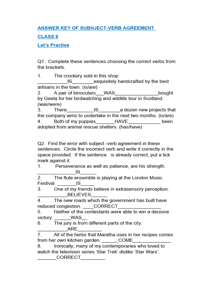 Answer Key of Subhject-Verb Agreement Class 8 Let's Practise | PDF