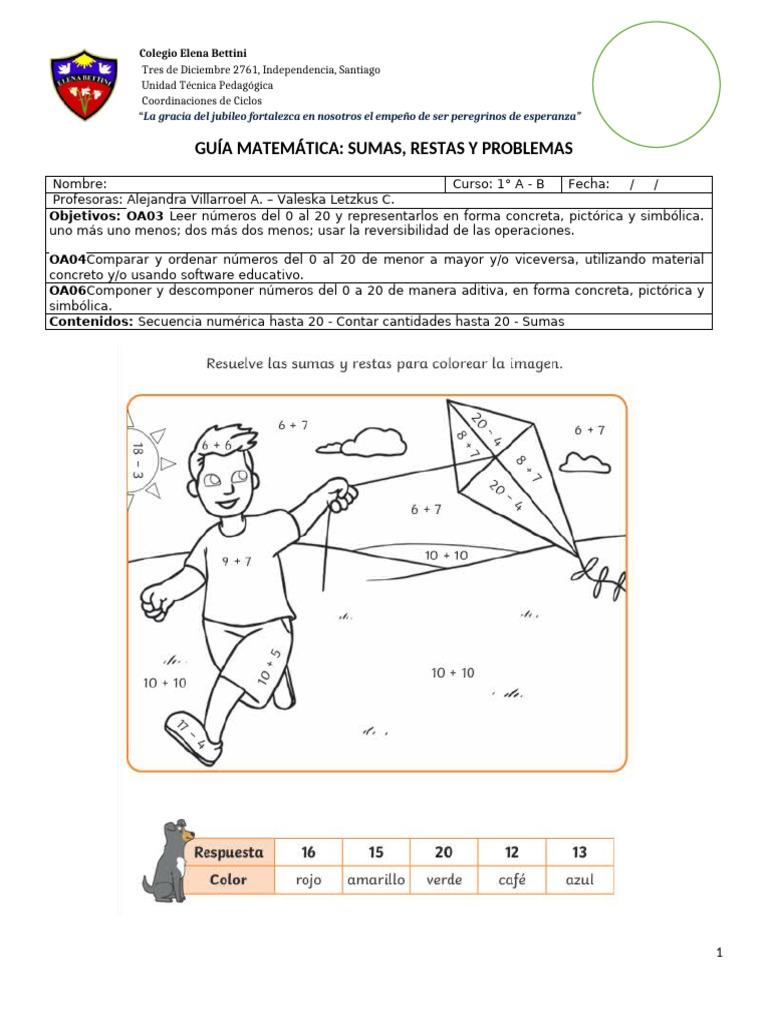 Guía Matemática: Sumas y Restas 1° A-B | PDF