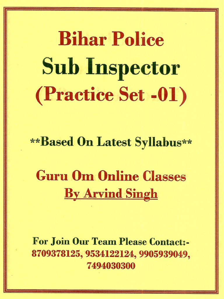 Bihar SI Practice Set - 01 - Arvind Singh - 8709378125 | PDF