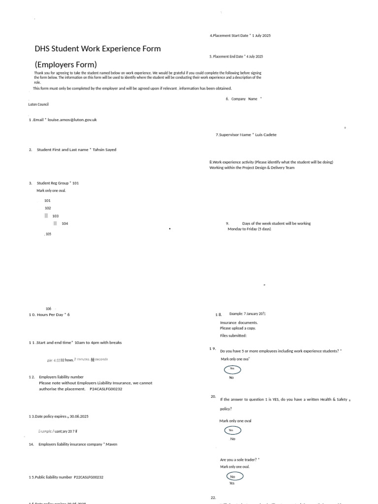 Student Work Experience Agreement | PDF | Insurance | Employment