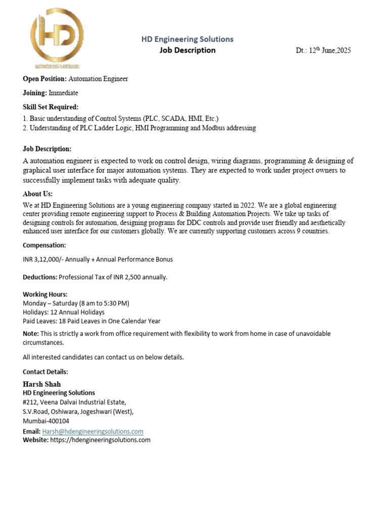 JD - Building Automation Engineer - HD Engineering Solutions-Fresher | PDF