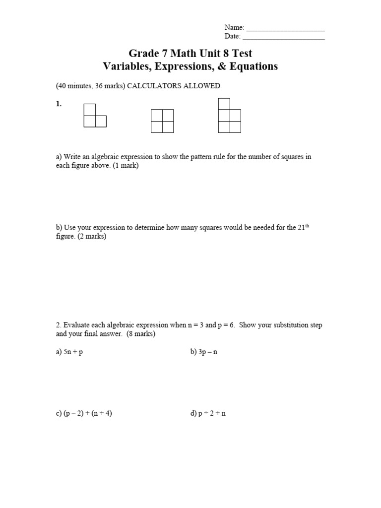 Grade 7 Math Unit 8 Test | PDF | Equations | Numbers