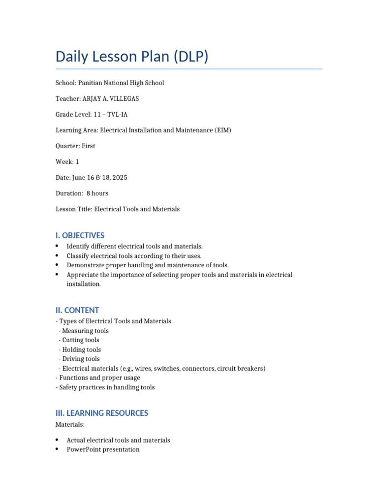 DLP EIM Grade11 Week1 Electrical Tools and Materials | PDF | Learning ...