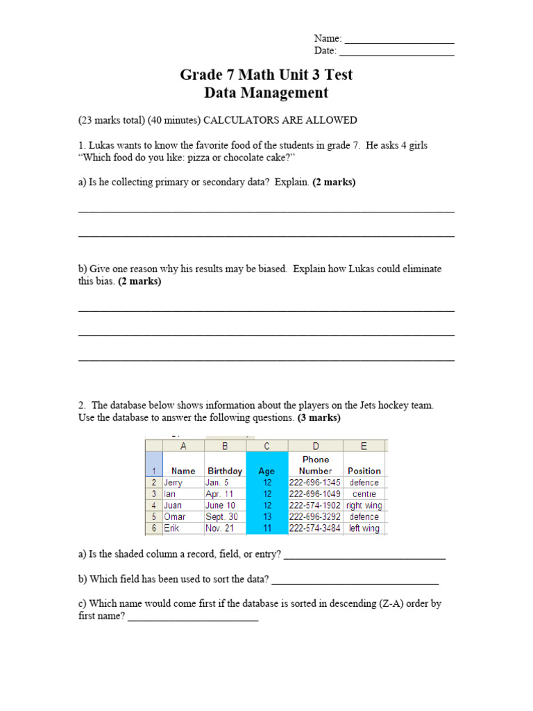 Grade 7 Math Unit 3 Test | PDF