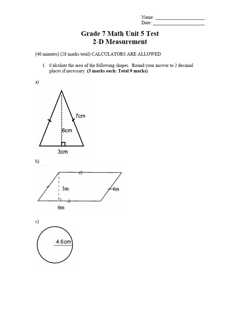Grade 7 Math Unit 5 Test | PDF