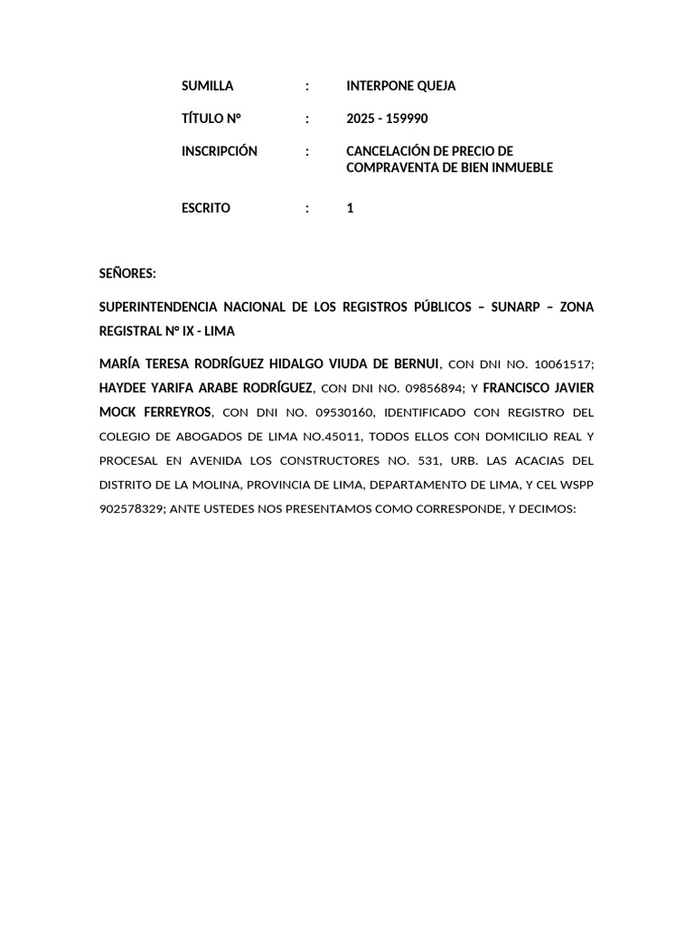 Queja VS Registrador Sunarp Marzo2025 | PDF | Justicia | Crimen y violencia