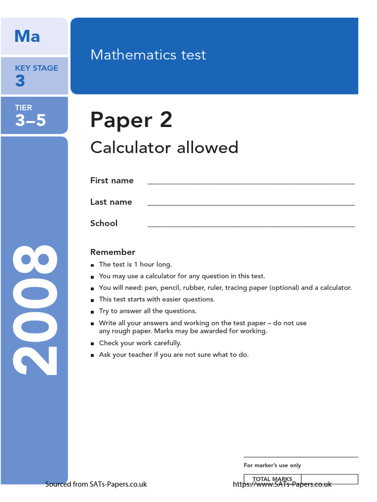 KS3 Mathematics Test Paper 2008 | PDF | Area | Litre