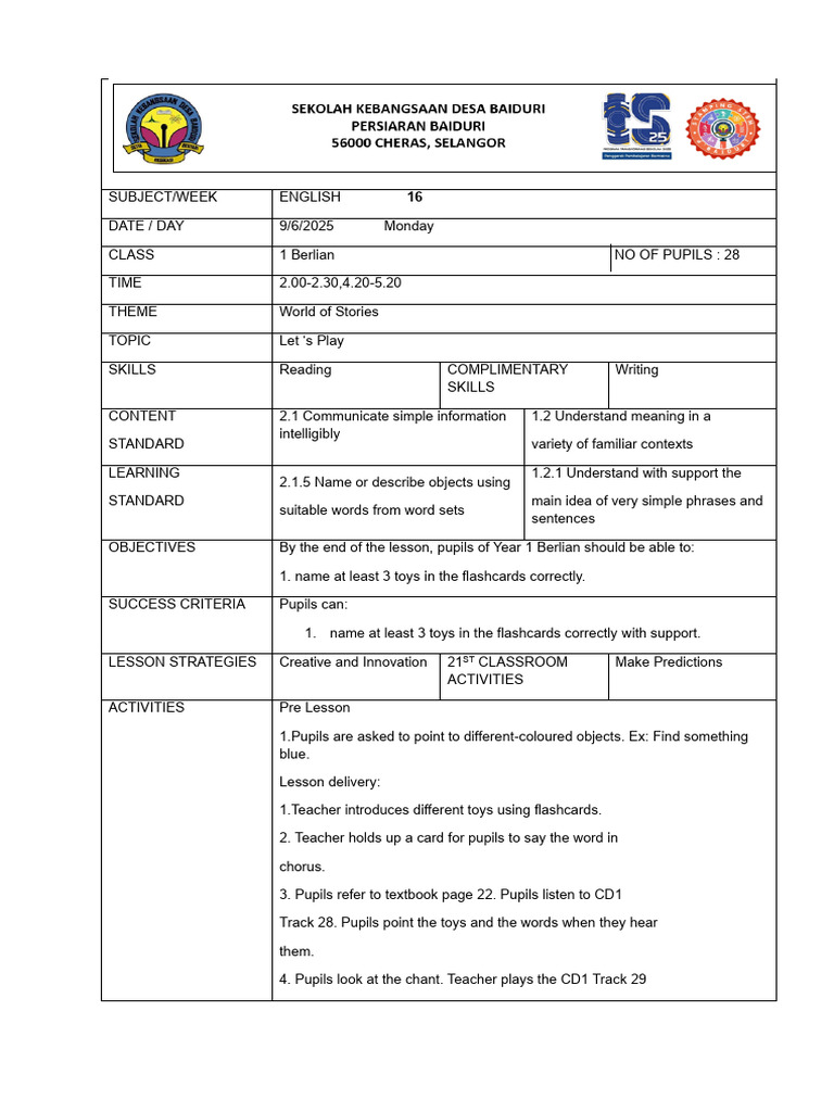 LP Year 1 Week 15 Monday | PDF | Teachers | Flashcard