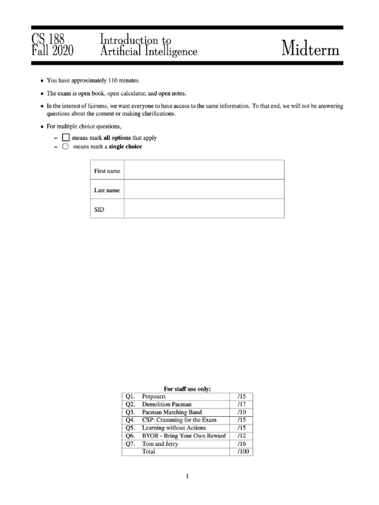 Cs188 Fa20 MT Sol | PDF