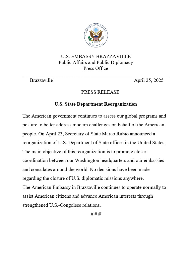 Press Release State Department Reorganization | PDF