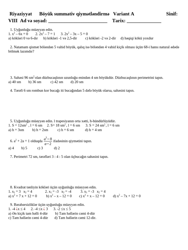 8 Sinif Riyaziyyat BSQ 2 | PDF