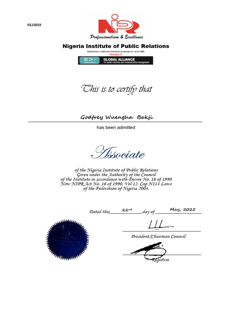 NIPR Associate Membership Certificate | PDF
