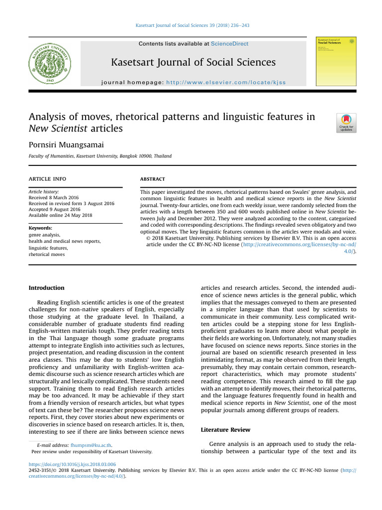 Analysis of Moves, Rhetorical Patterns and Linguistic Features in Science Articles | PDF ...