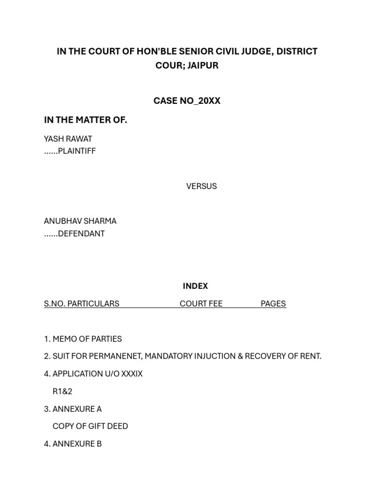 Suit For Permanent, Mandatory Injunction of Tenanyt | PDF | Lawsuit | Affidavit