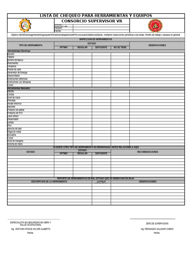 Formato Lista de Chequeo para Herramientas y Equipos | PDF