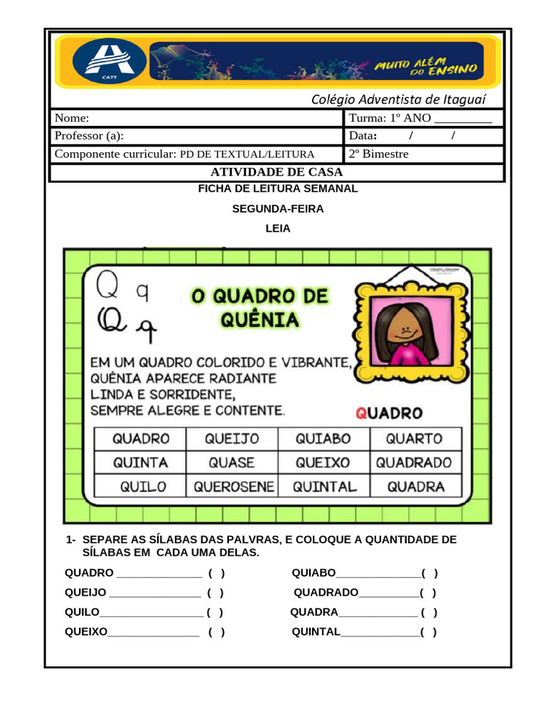 Ficha de Leitura da Letra Q | PDF