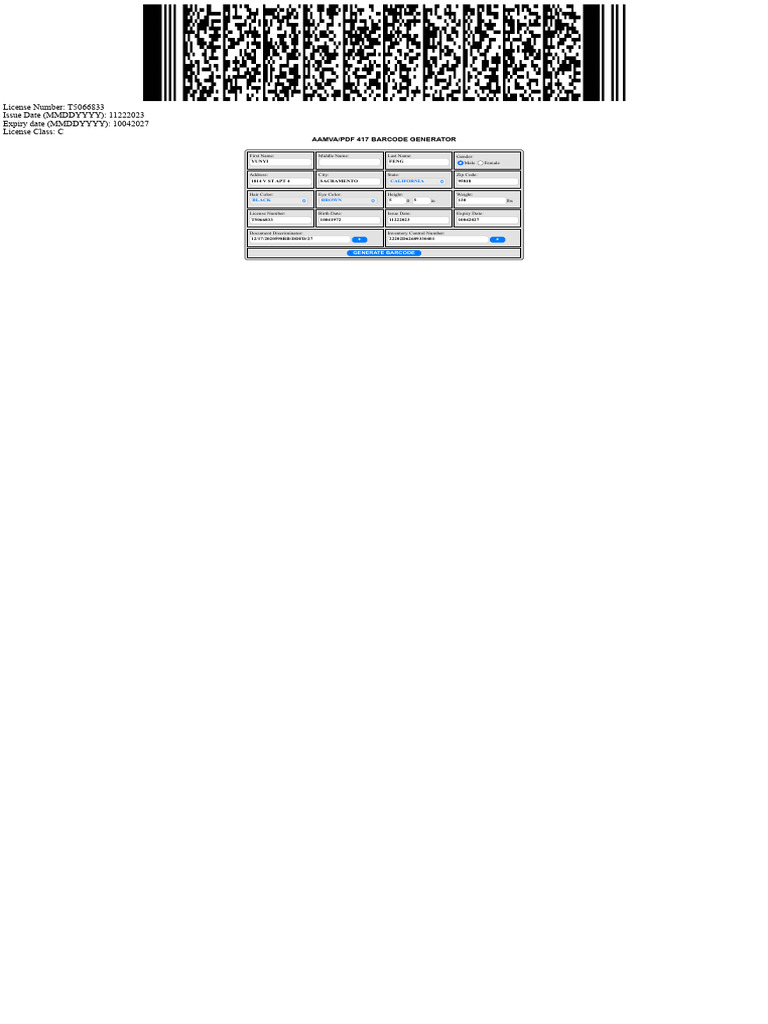 Aamvapdf417 Barcode Generator | PDF