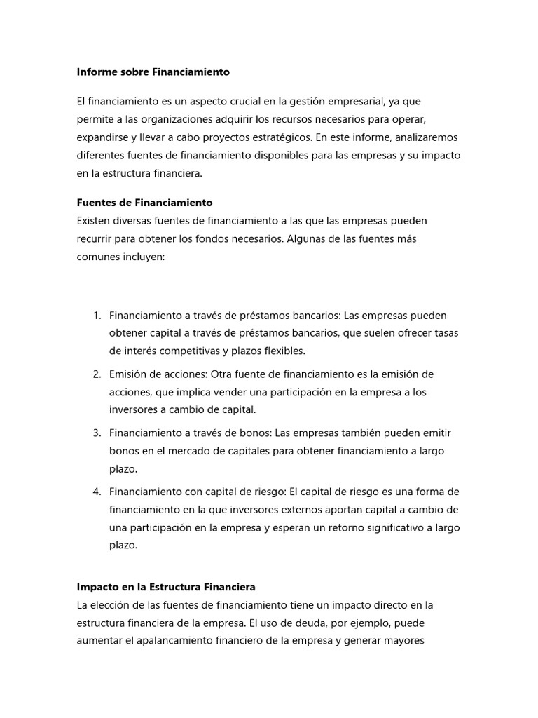 Informe Sobre Financiamiento | PDF | Business | Negocios económicos