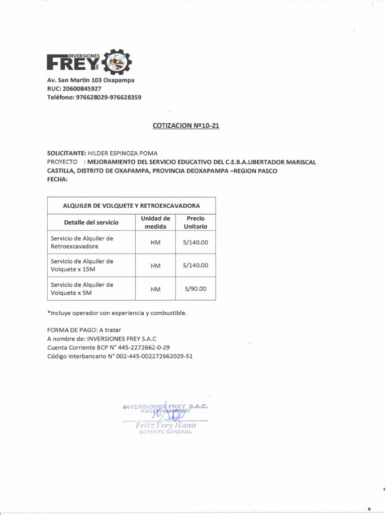 Cotizac. Maquinaria-Inver. Frey | PDF